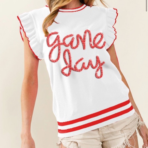 Tops | Game Day Letter Ruffled Sleeve Top | Poshmark